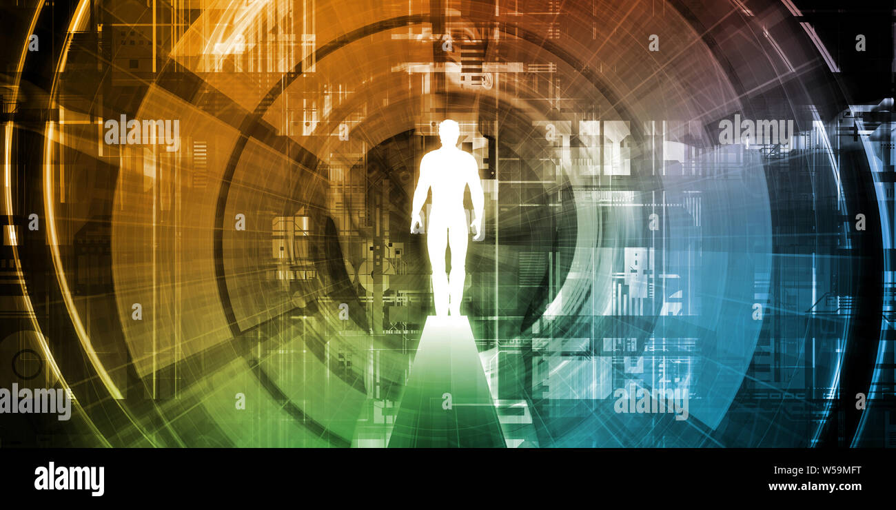 Empowered by Technology with Man Standing in Digital Portal Stock Photo ...