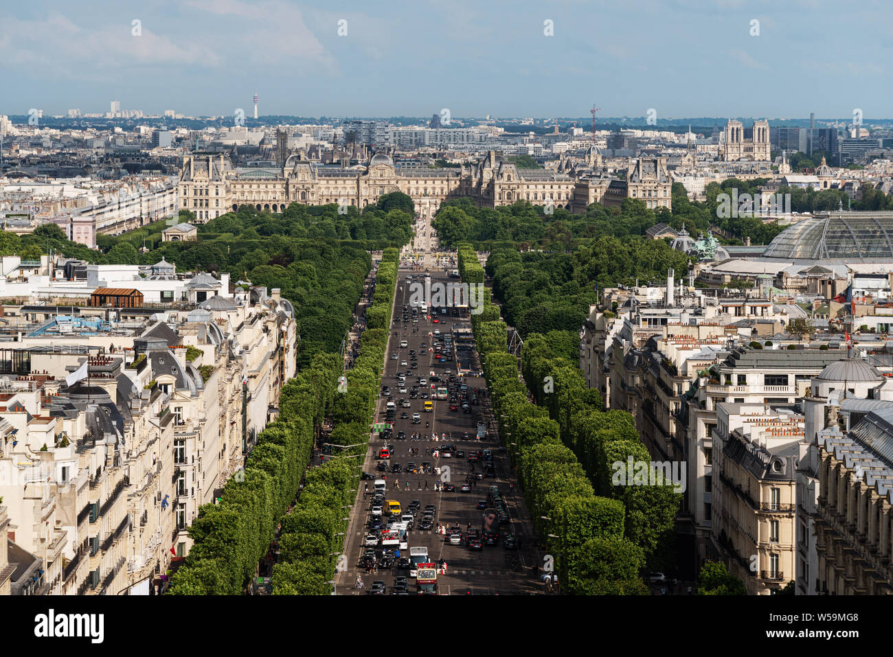 Landscape of Paris city in France with Champs Elysees street in summer ...
