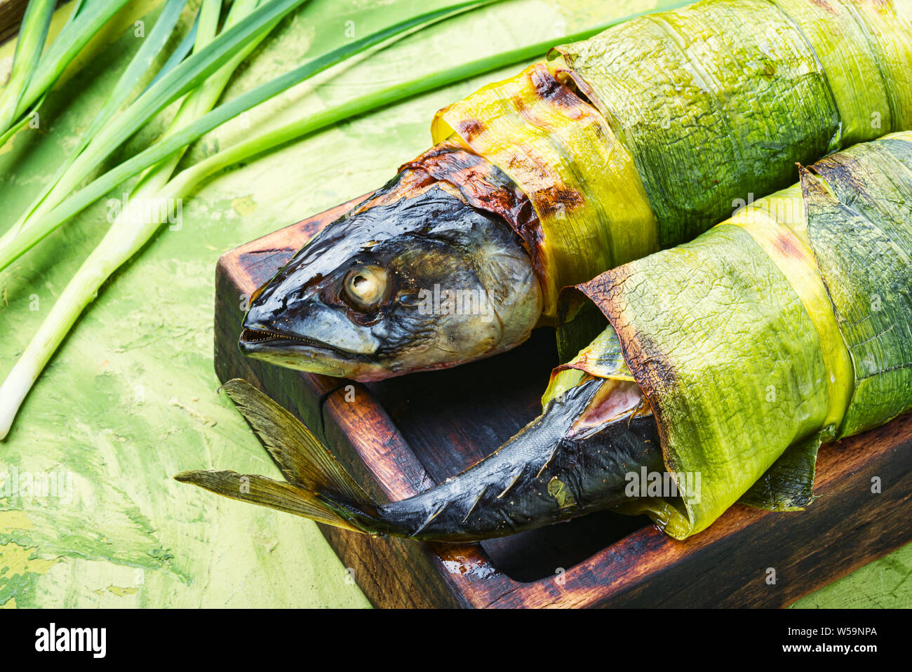 Baked mackerel in leek leaves.Fish with currant filling.Seafood Stock ...