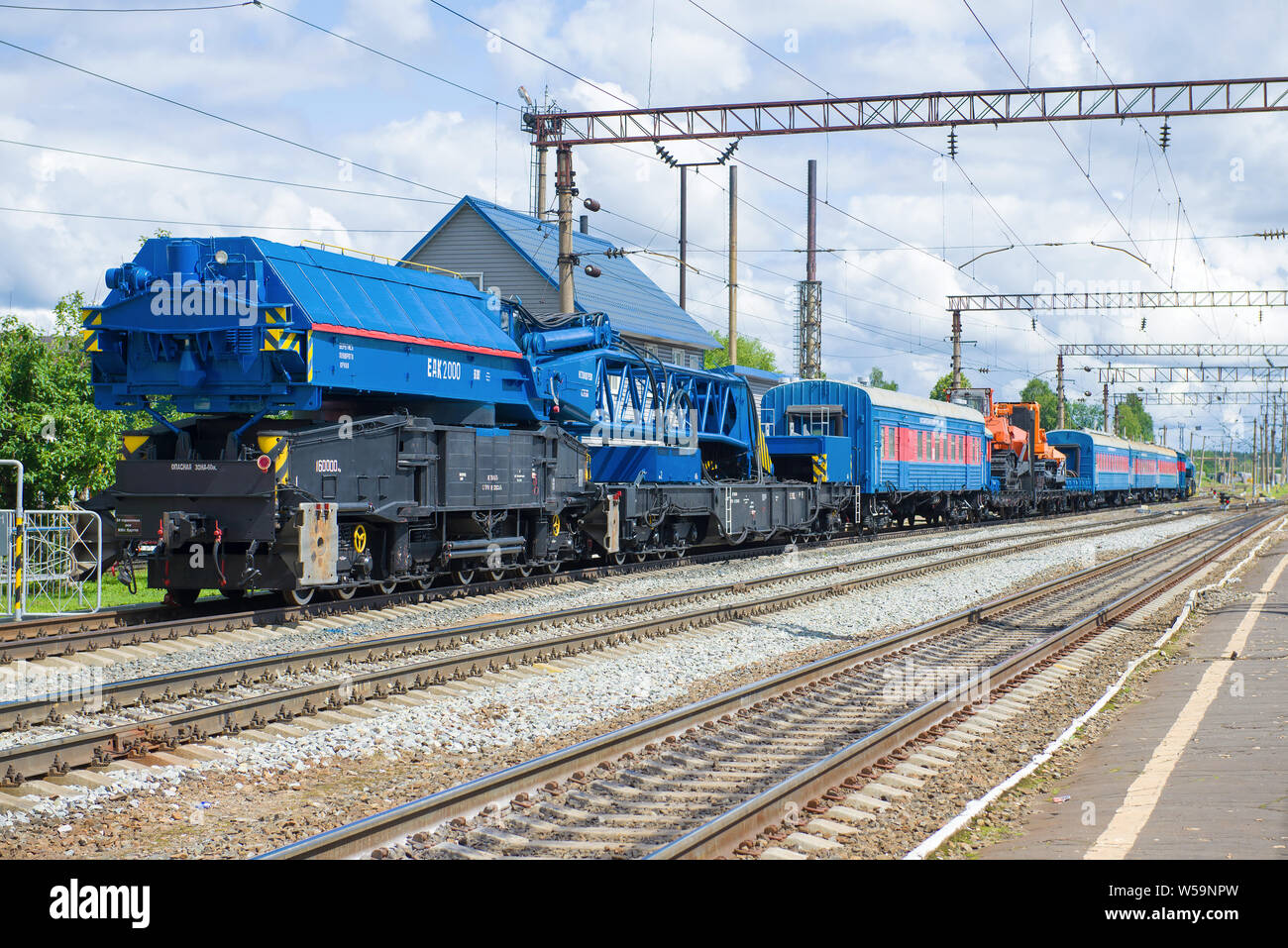 SHARYA, RUSSIA - JULY 01, 2019: View of the recovery train of the ...