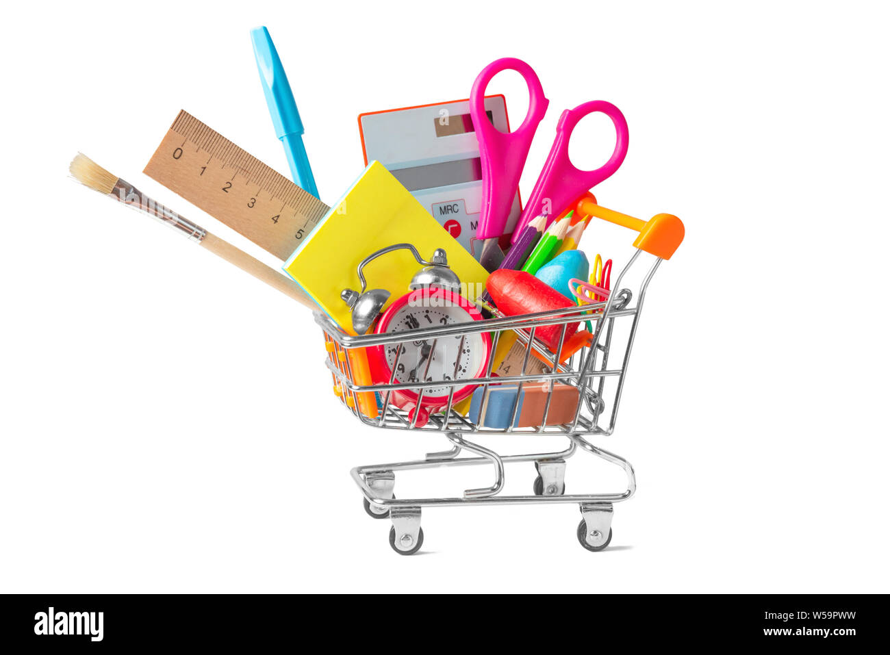 Shopping trolley filled with multicolored school supplies isolated on a ...