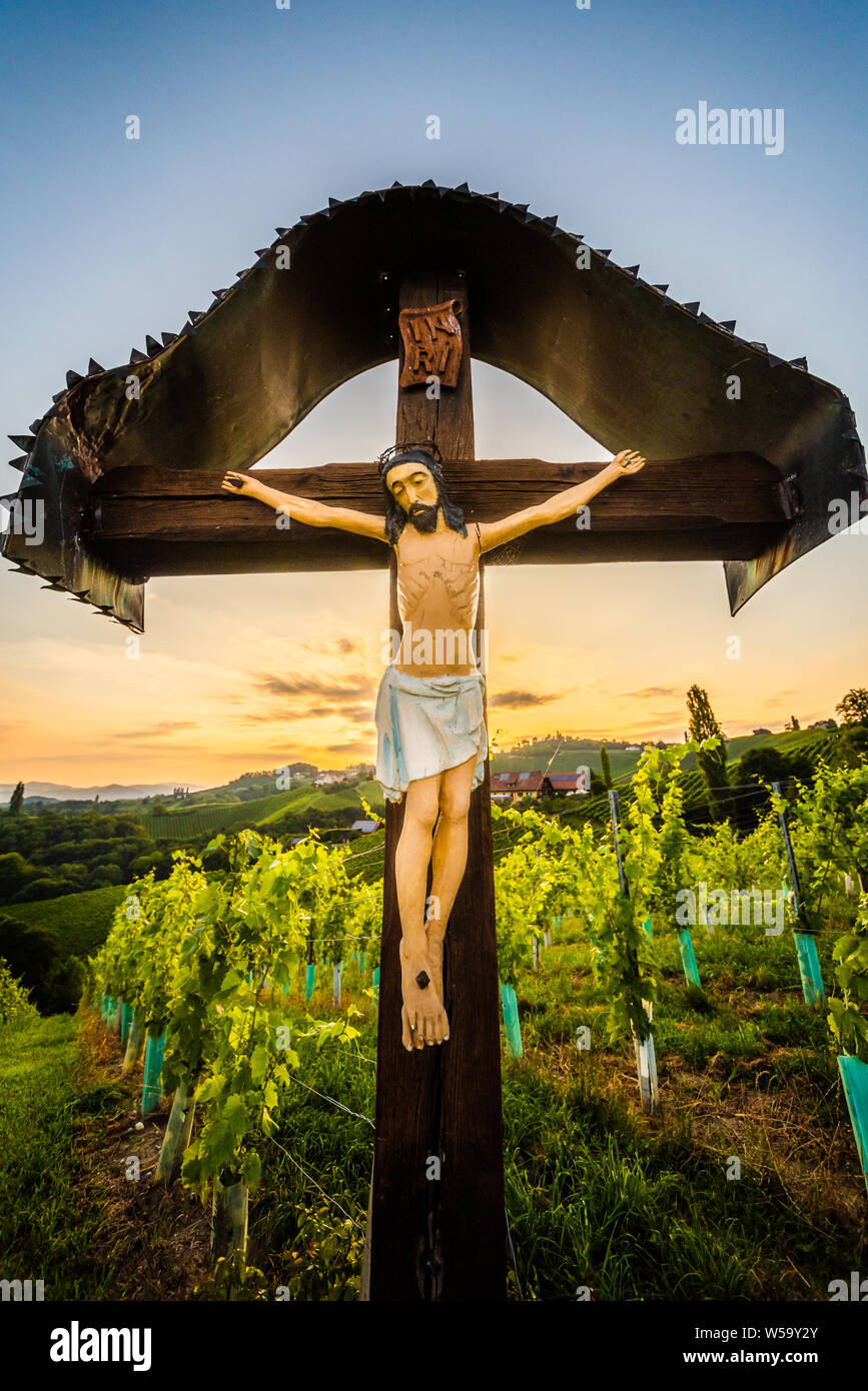 Christian wooden cross with figure of Jesus Christ at Vineyards in ...