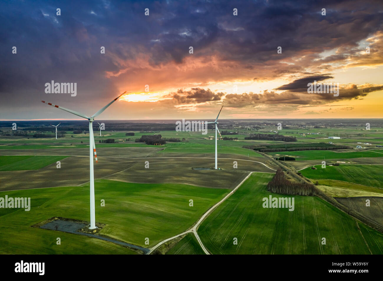 Wonderful wind turbines at dusk, aerial view of Poland Stock Photo - Alamy