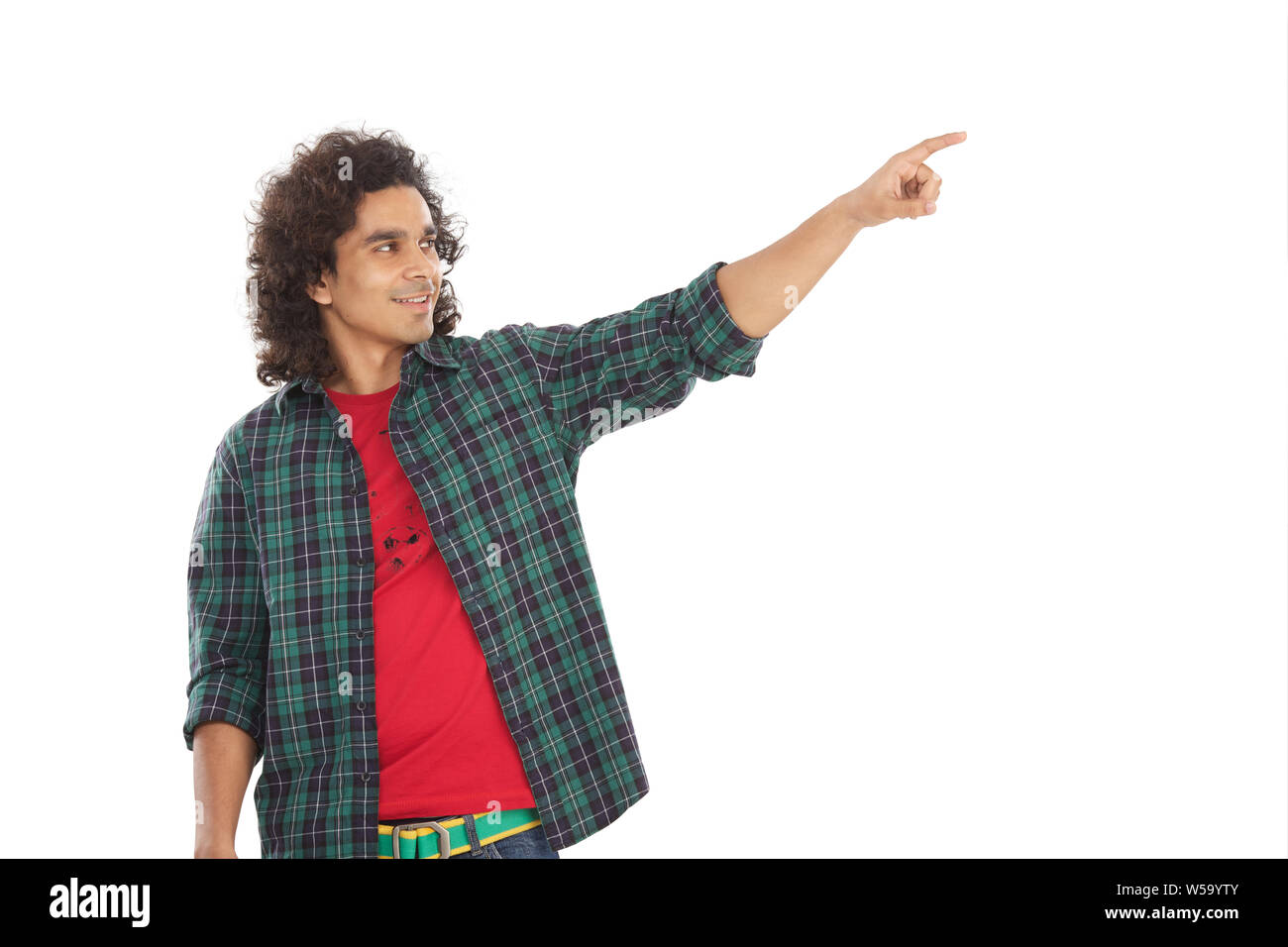 Man showing something and smiling Stock Photo - Alamy