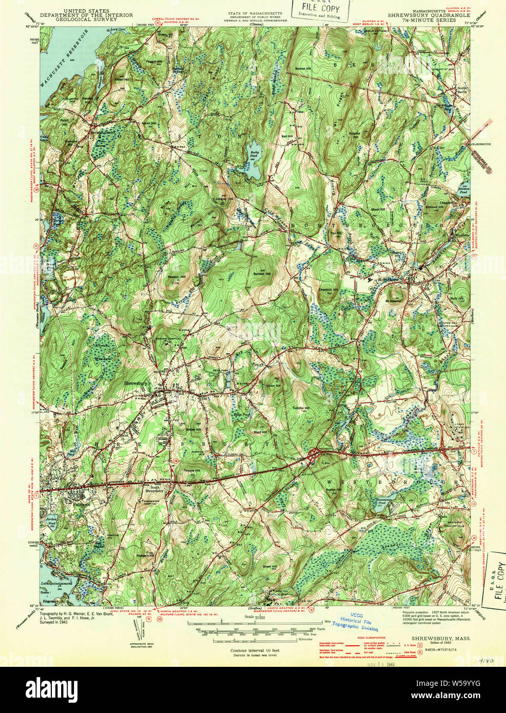 Massachusetts USGS Historical Topo Map MA Shrewsbury 352168 1943 31680 ...