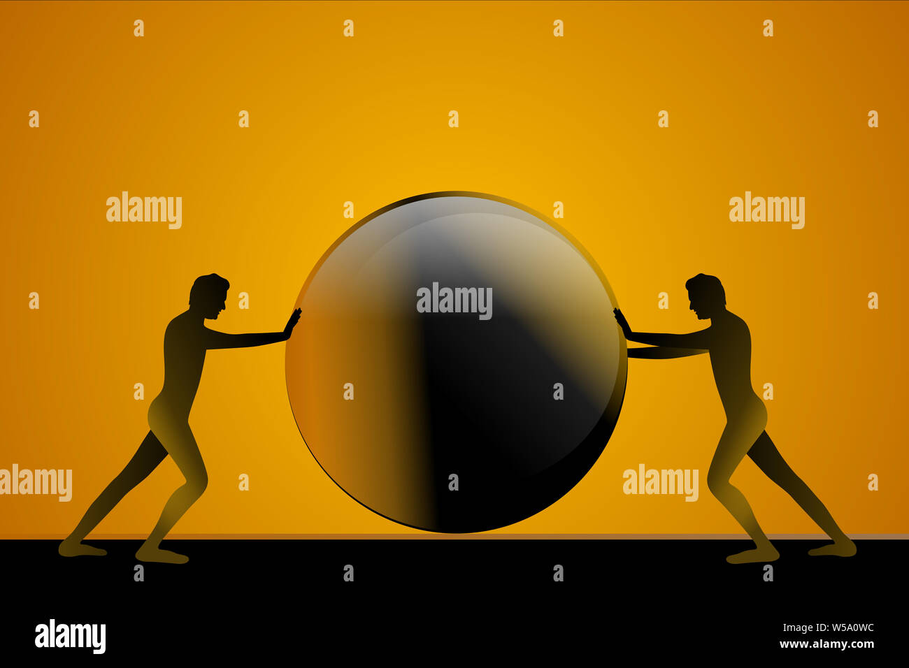Business people pushing large globe against each other Stock Photo - Alamy