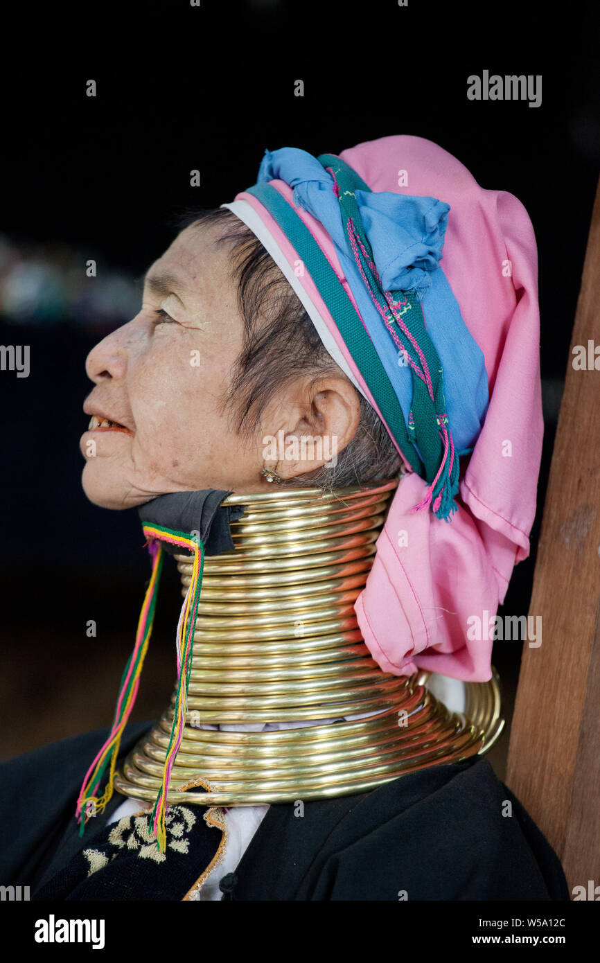 Myanmar, Burma - December 30, 2013: Smiling long-neck Kayan Padaung ...