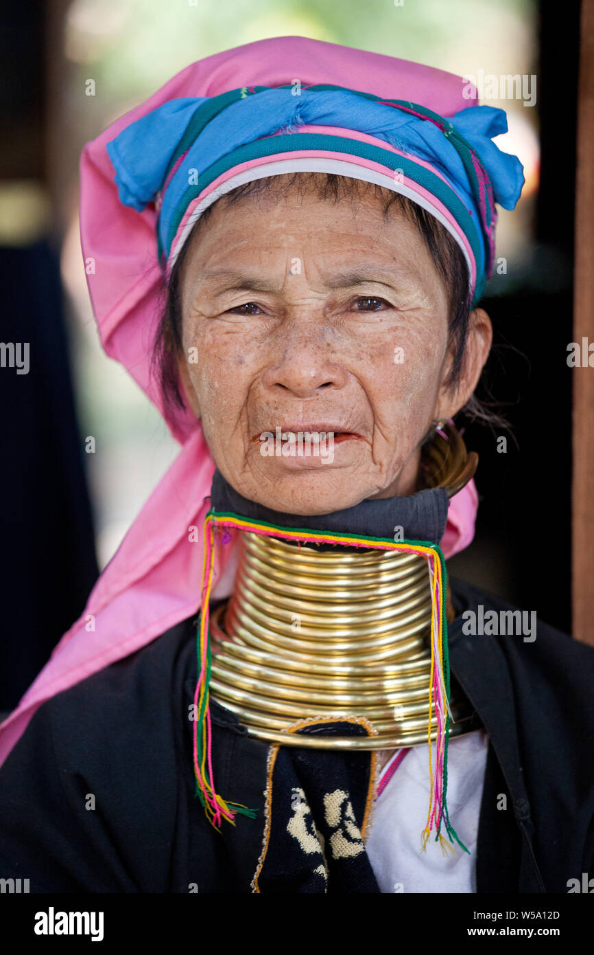 Myanmar, Burma - December 30, 2013: Smiling long-neck Kayan Padaung ...