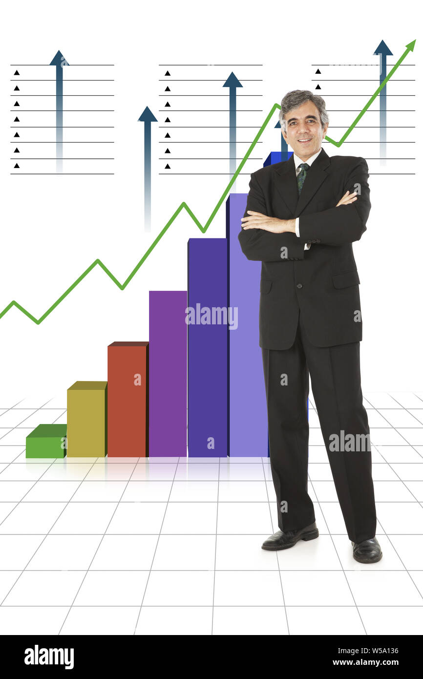 Businessman standing in front of bar graph rising upward Stock Photo ...