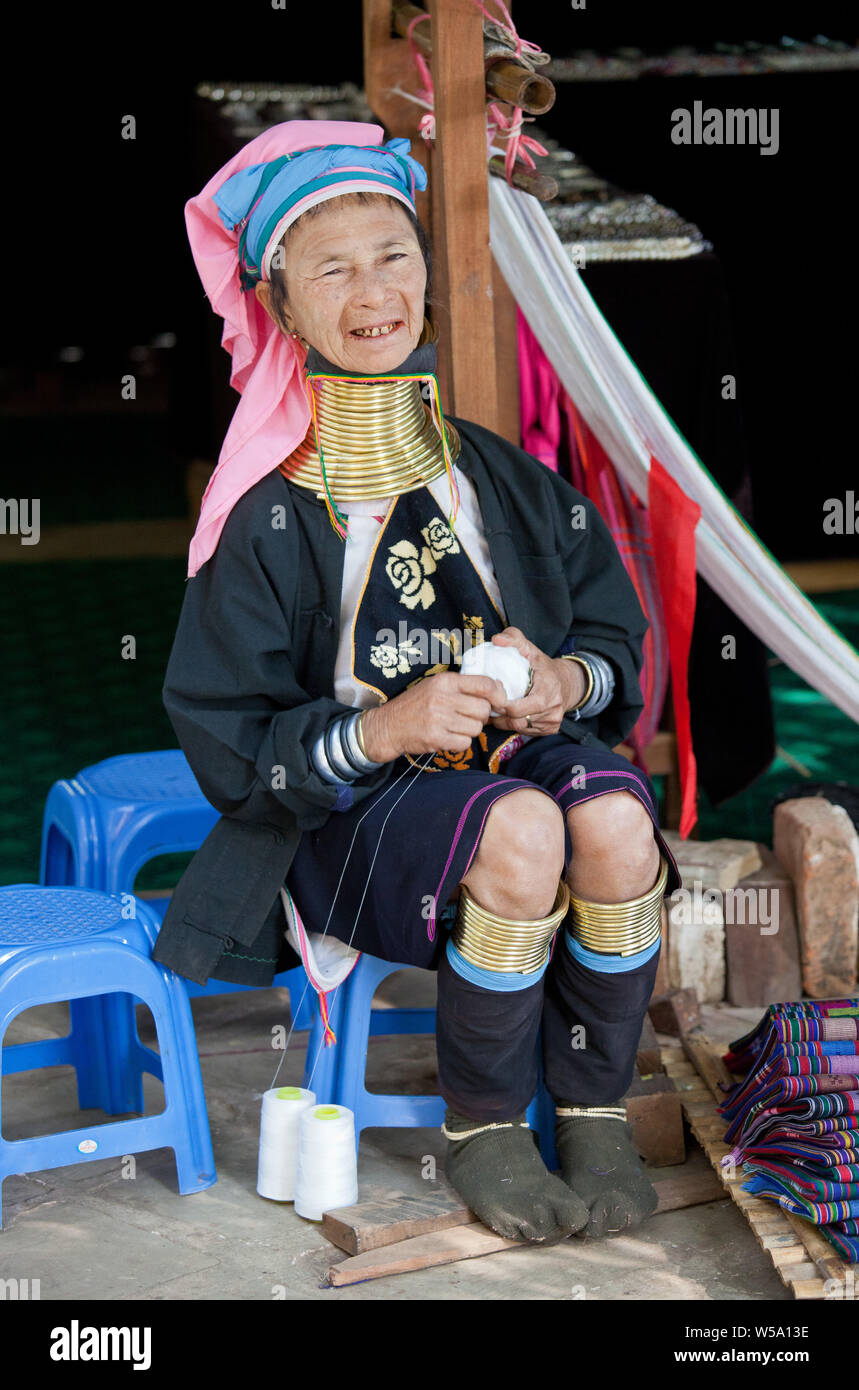 Myanmar, Burma - December 30, 2013: Smiling long-neck Kayan Padaung ...