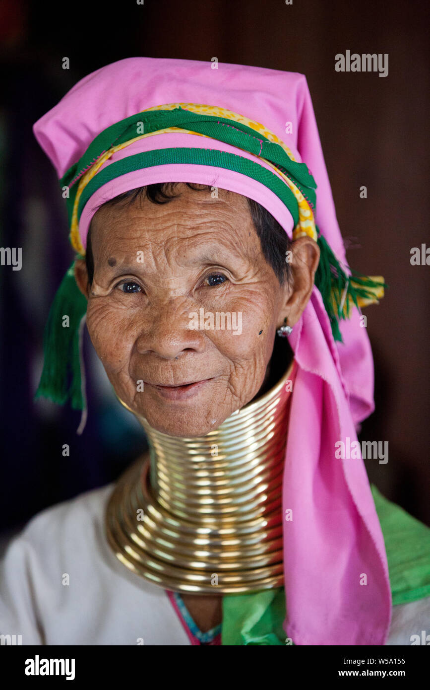 Myanmar, Burma - December 30, 2013: Smiling long-neck Kayan Padaung ...