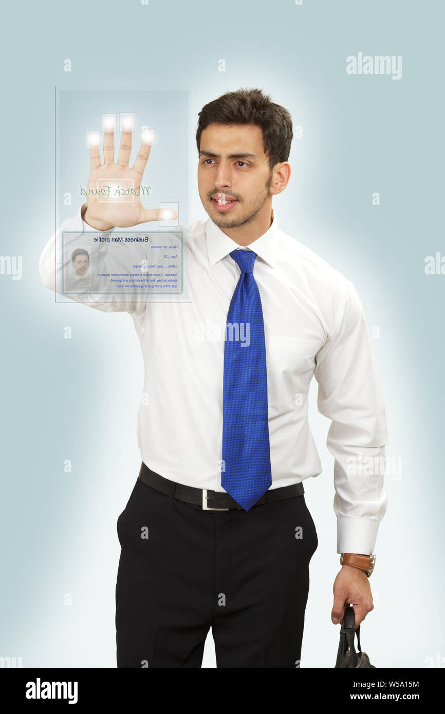 Businessman touching Id Card on futuristic virtual touch screen ...
