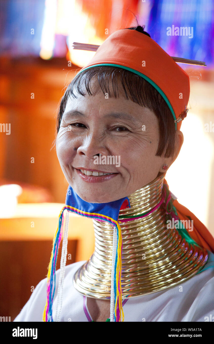 Myanmar, Burma - December 30, 2013: Smiling long-neck Kayan Padaung ...