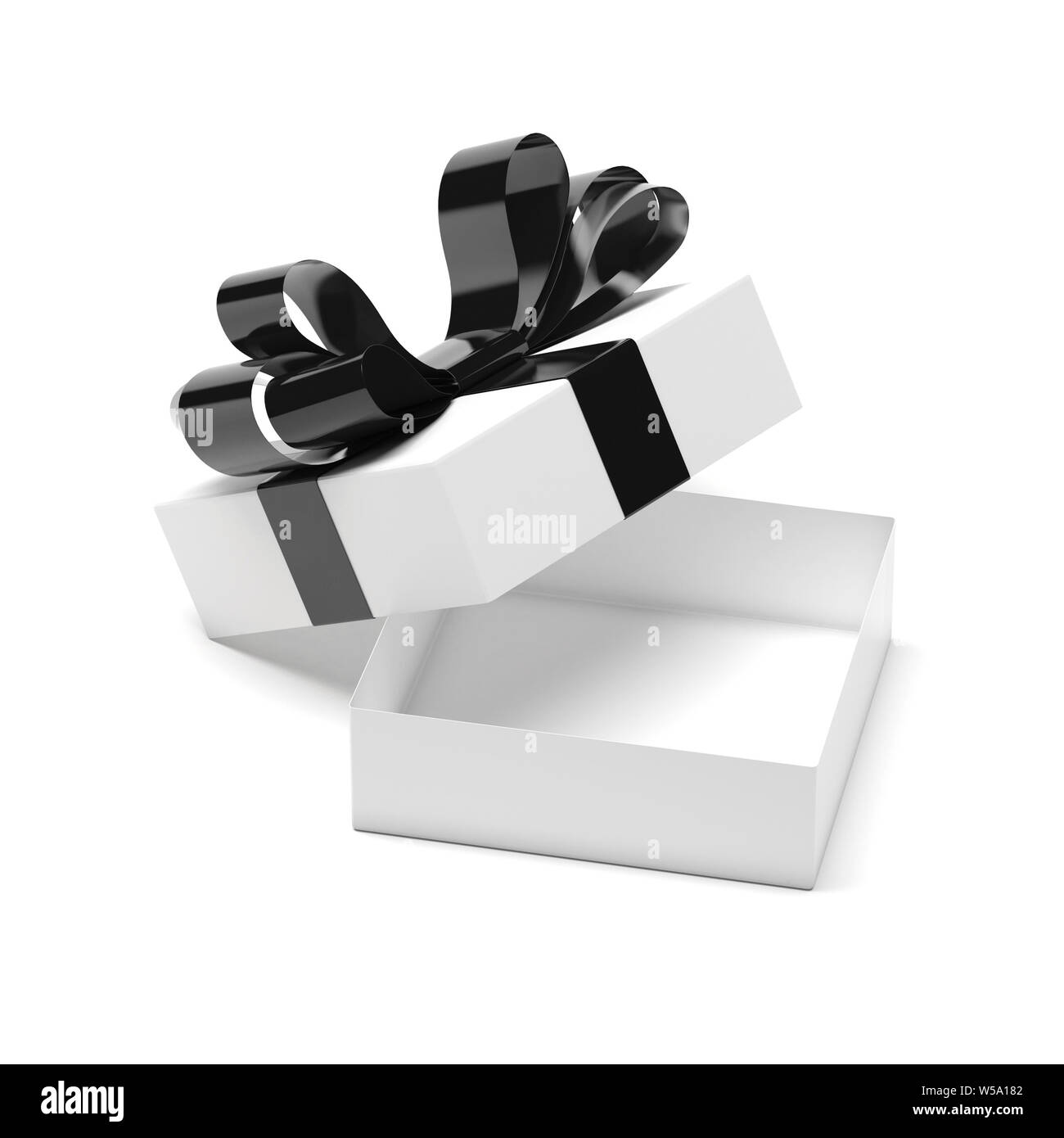 Gift box decorated with ribbon. Open empty container with black bow. 3d ...