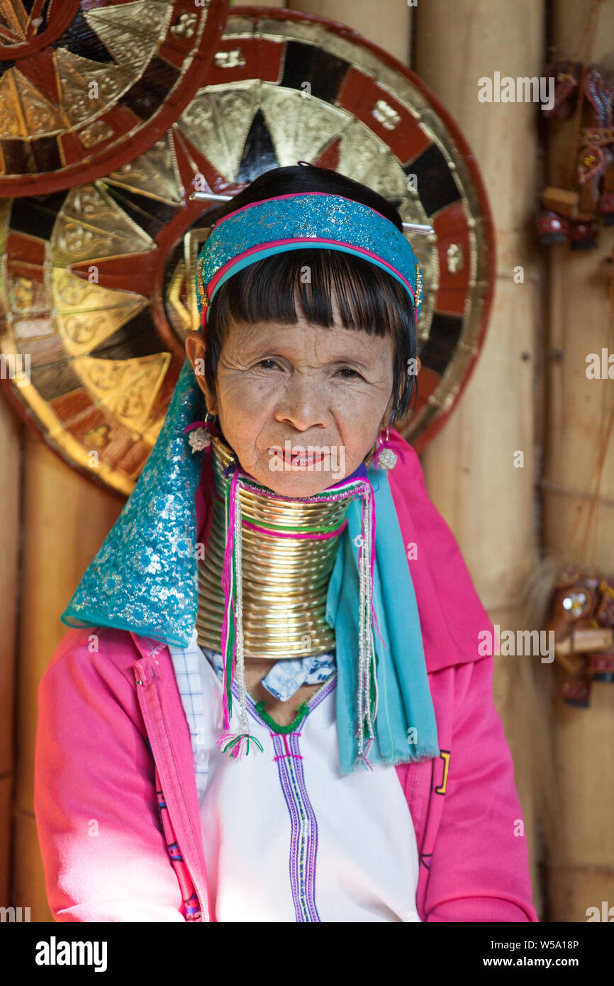 Myanmar, Burma - December 30, 2013: Smiling long-neck Kayan Padaung ...
