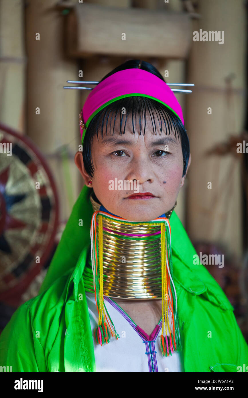 Myanmar, Burma - December 30, 2013: Smiling long-neck Kayan Padaung ...