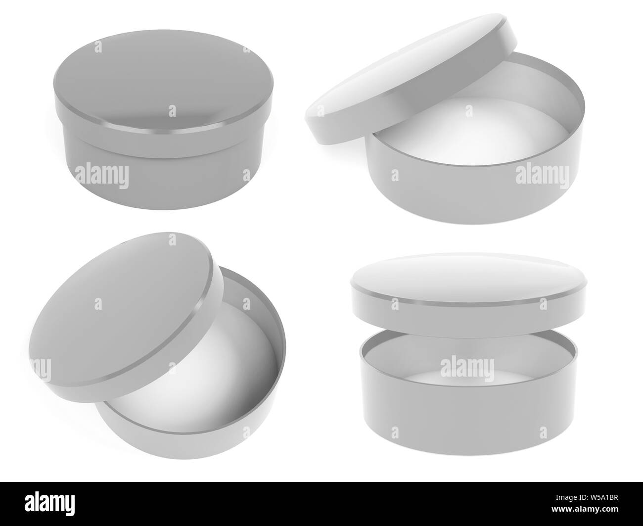 Round boxes. Closed and open gray carton. 3d rendering illustration ...