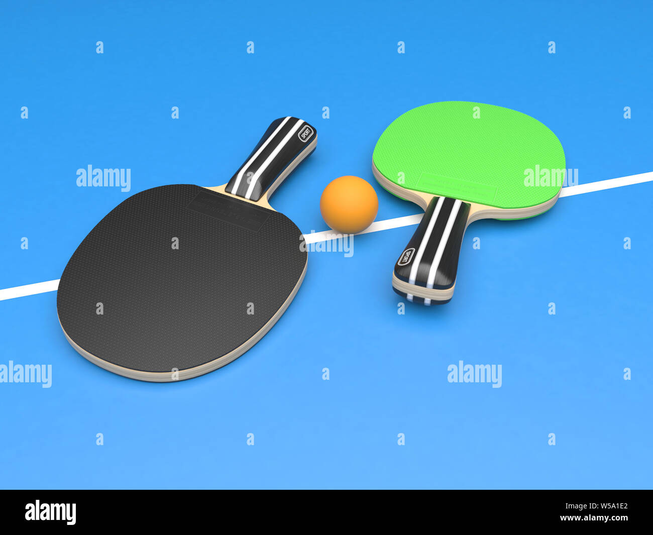 Green and black table tennis rackets with ball. On blue background. 3d ...