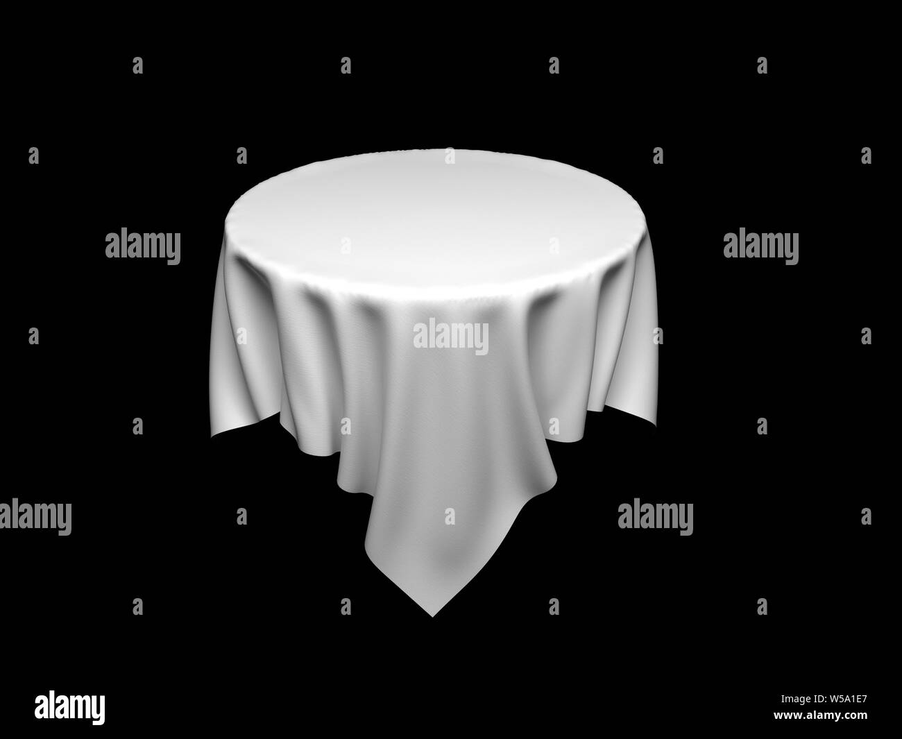 White tablecloth on invisible round table. On black background. 3d ...