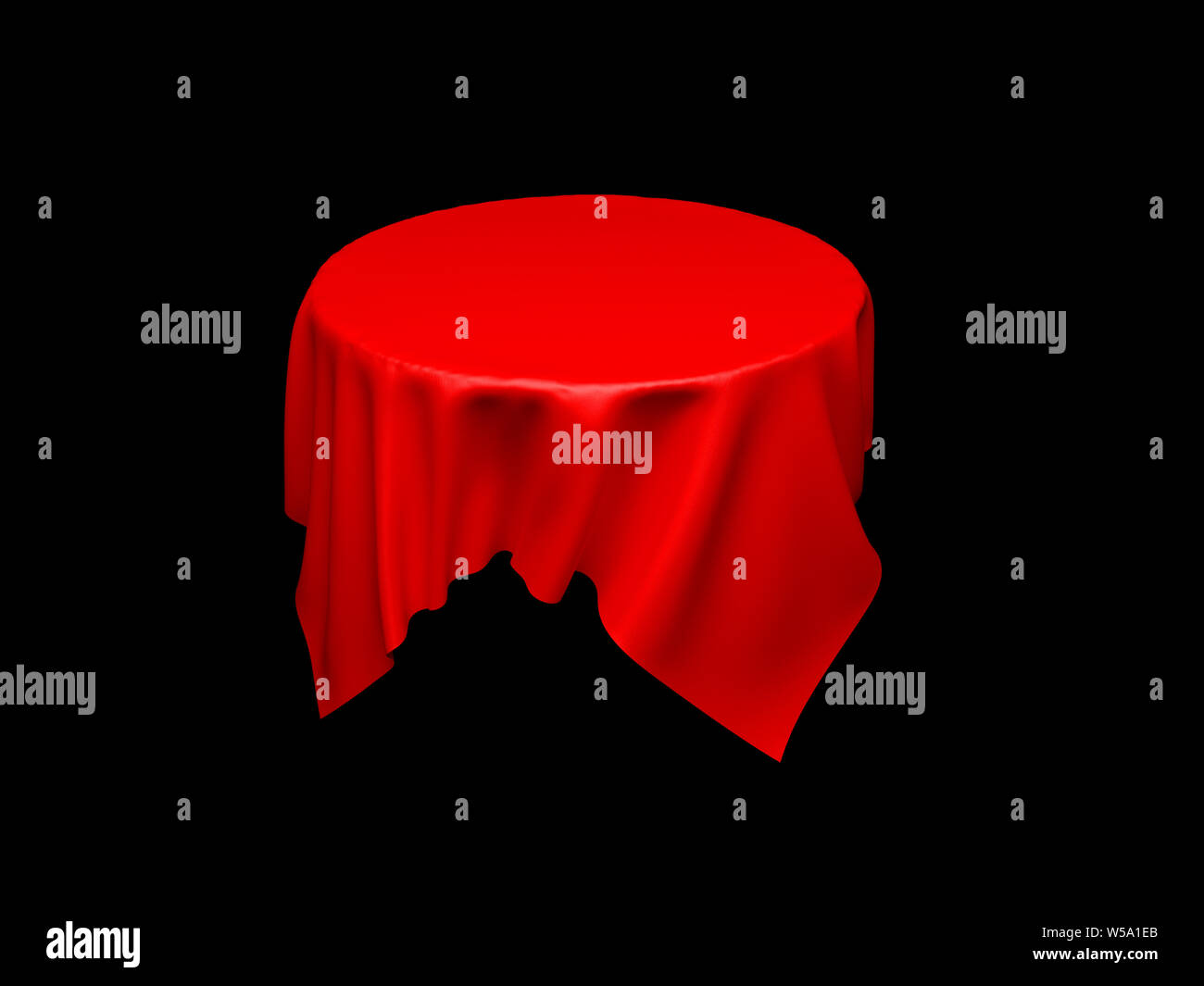 Red tablecloth on invisible round table. On black background. 3d ...