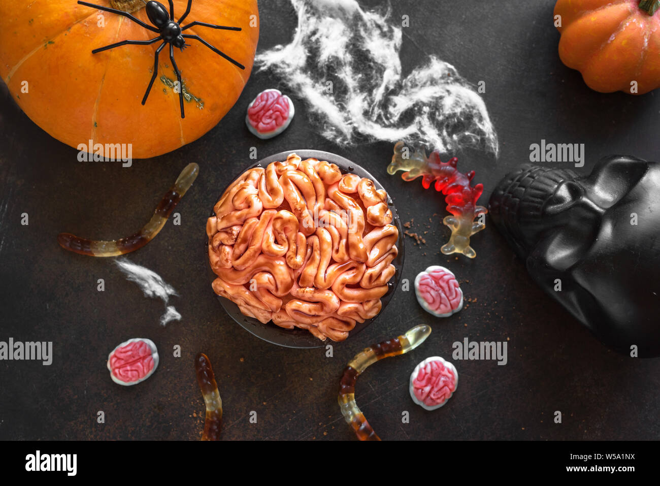 Halloween Brain mini cake, Pumpkins and Halloween Decor on dark ...