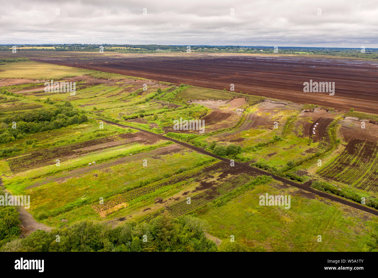 Aerial image of Bord Na Mona turf and peat bogs in the Irish ...