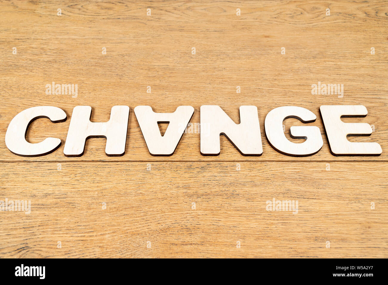 Word - change, laid out in wooden letters on an old wooden table, with ...