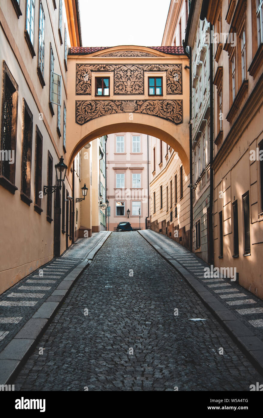Beautiful old and empty European street. Located in Prague Czech ...