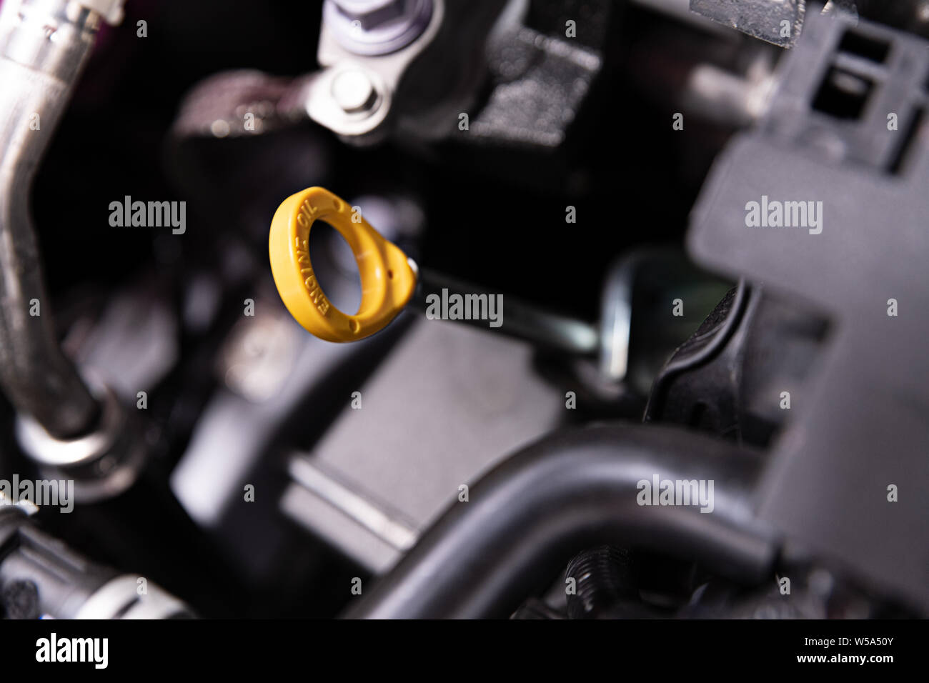 Yellow oil dipstick in car engine. Measuring level of engine oil Stock ...