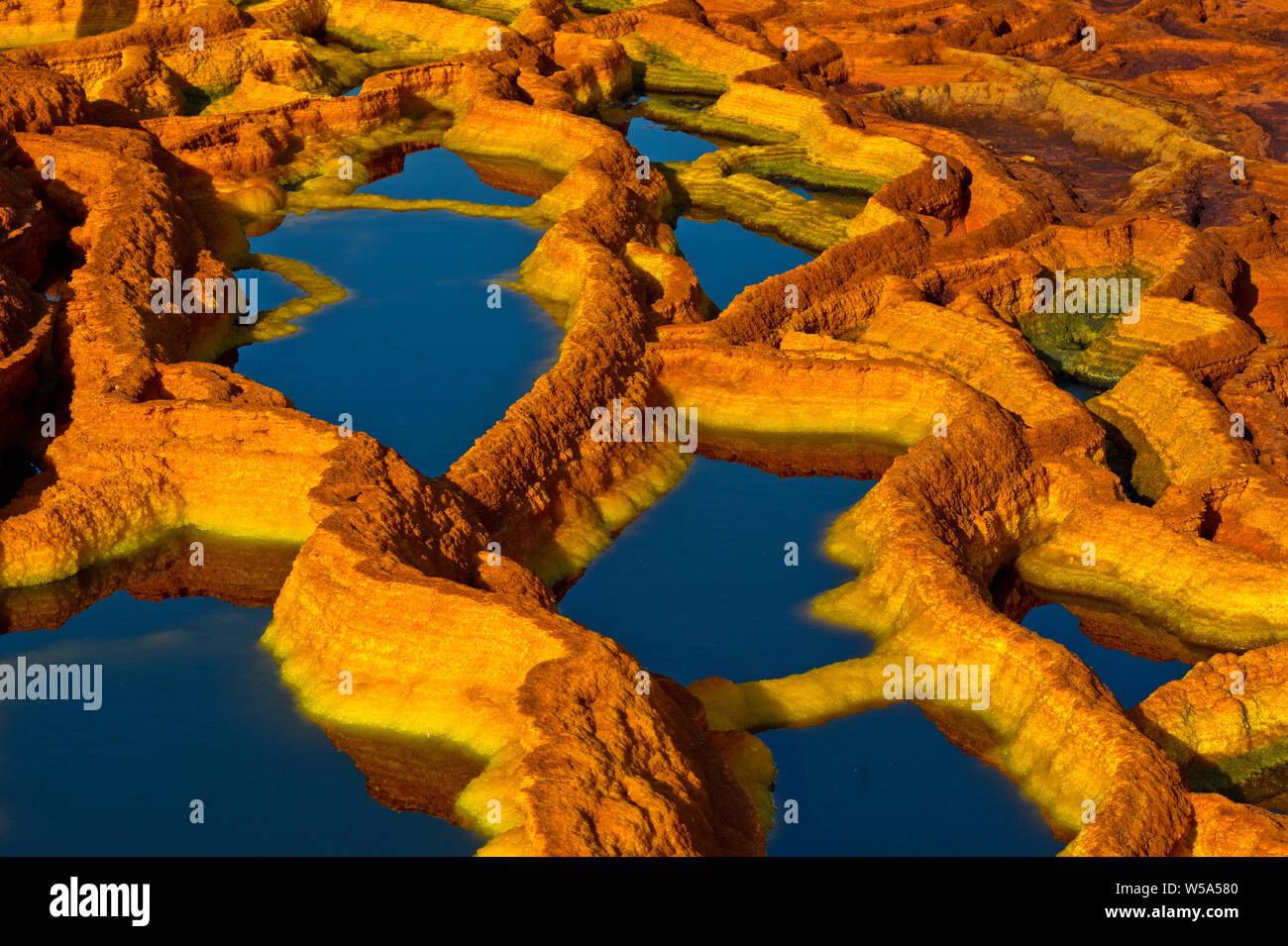 Rust-colored salt structures in an acid brine pool, geothermal field of ...