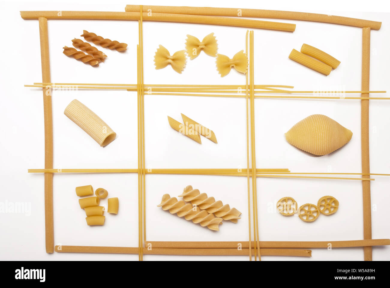 different types of Italian pasta enclosed in a frame of pasta on the ...
