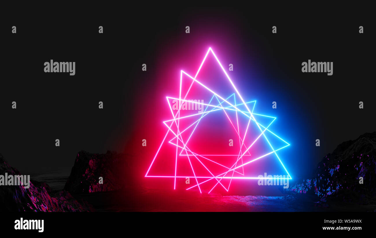 Glowing neon triangles on dark background. 3D illustration. Pink and ...