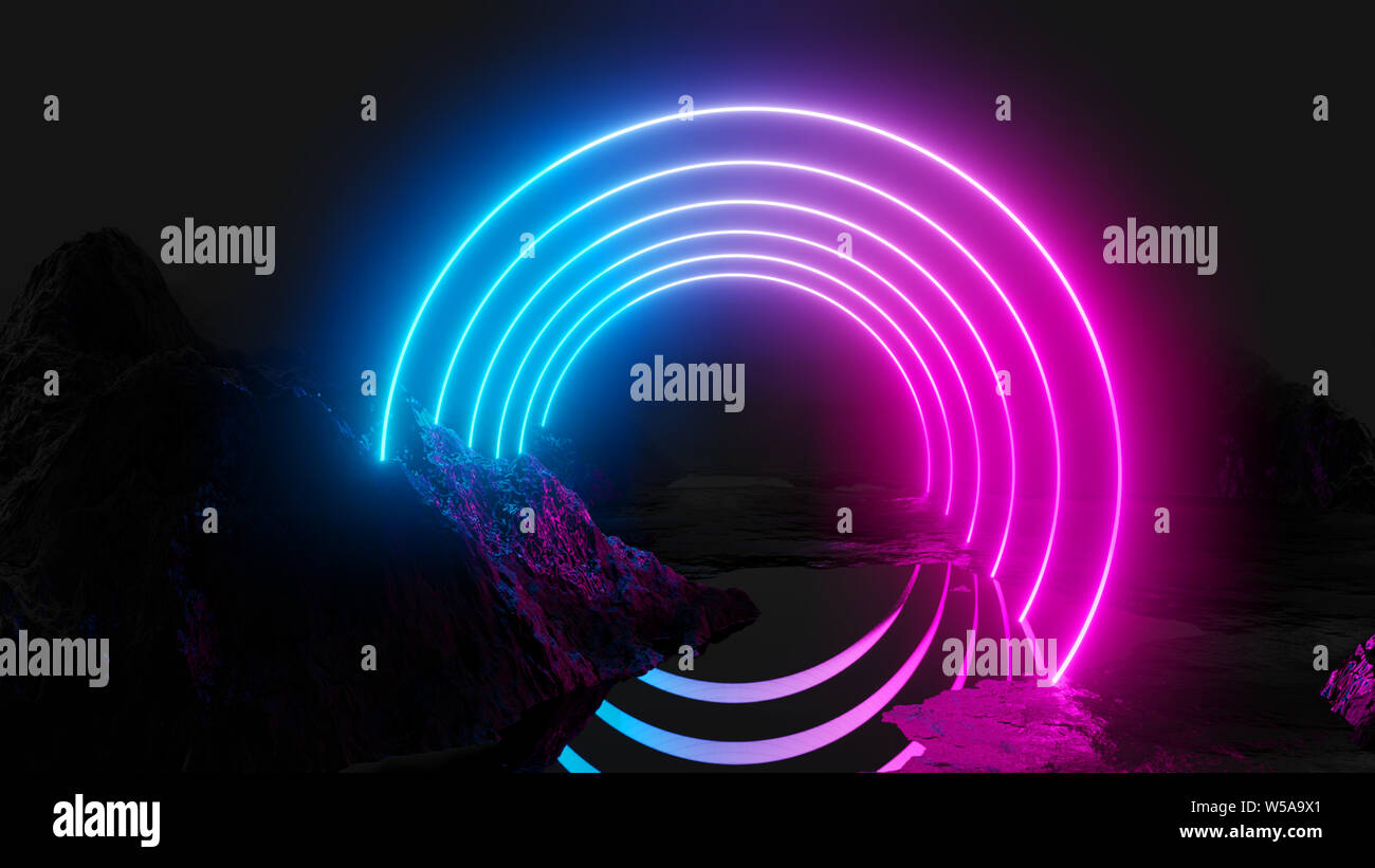 Glowing neon circles on dark background. 3D illustration. Pink and blue ...