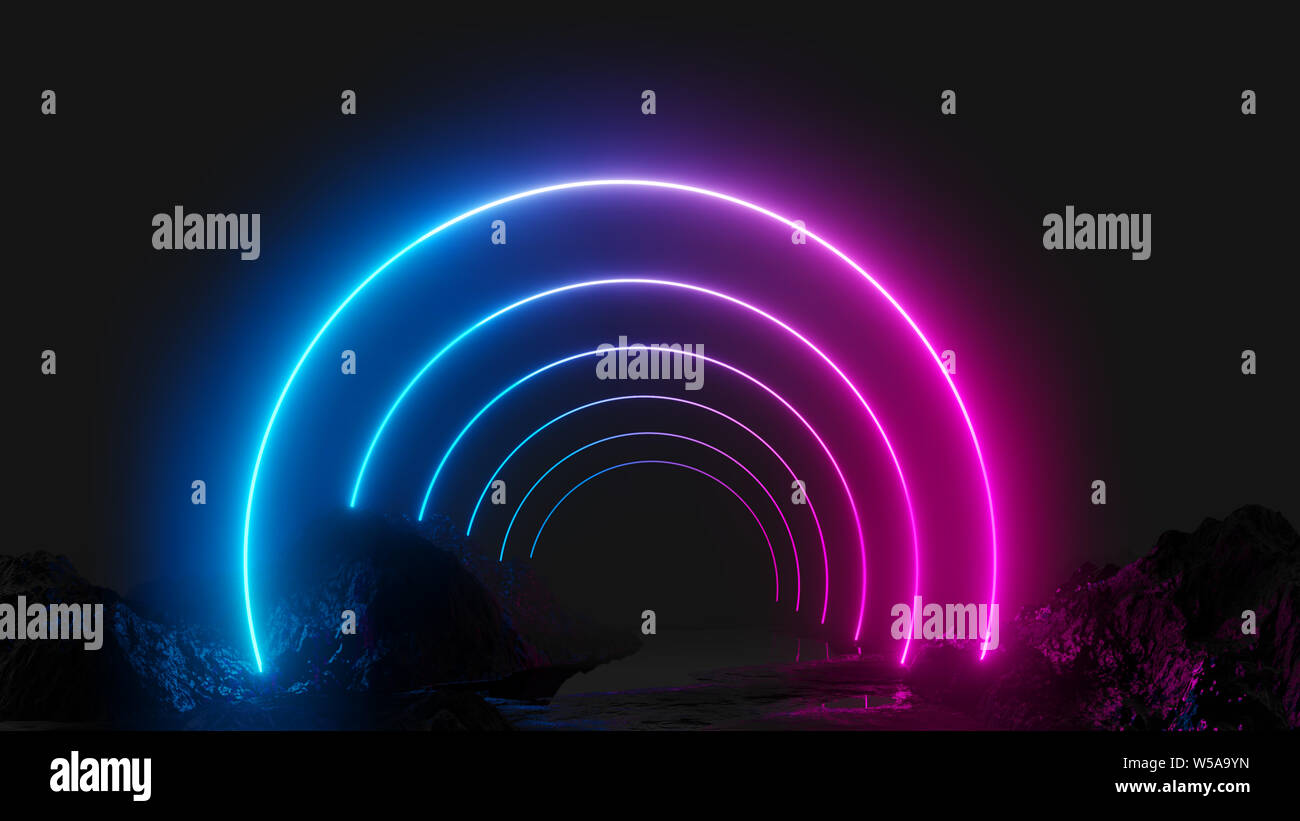 Glowing neon circles on dark background. 3D illustration. Pink and blue ...