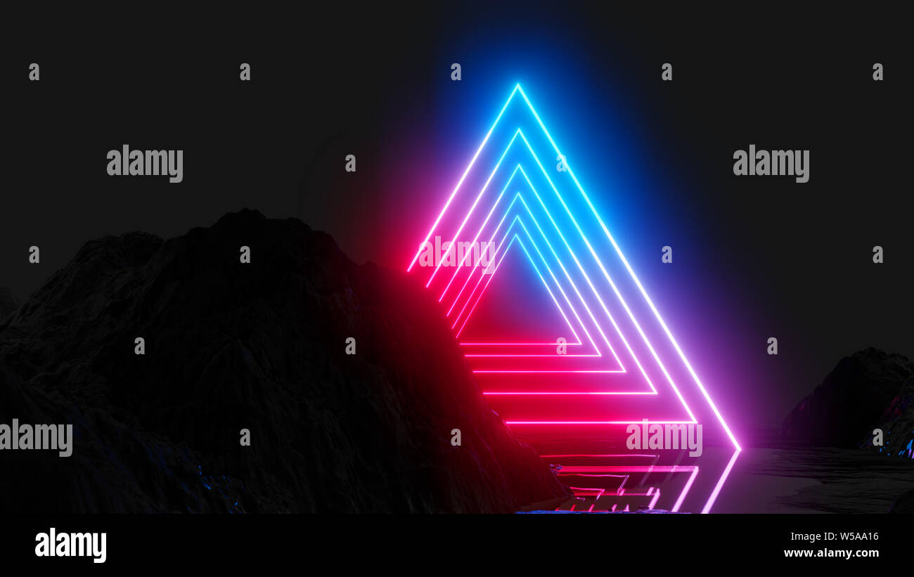 Glowing neon triangles on dark background. 3D illustration. Pink and ...