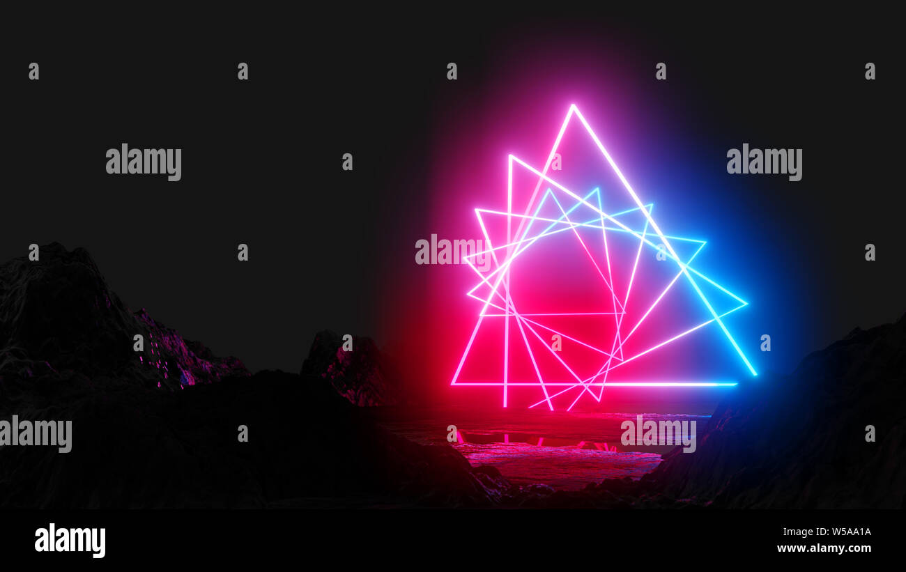 Glowing neon triangles on dark background. 3D illustration. Pink and ...