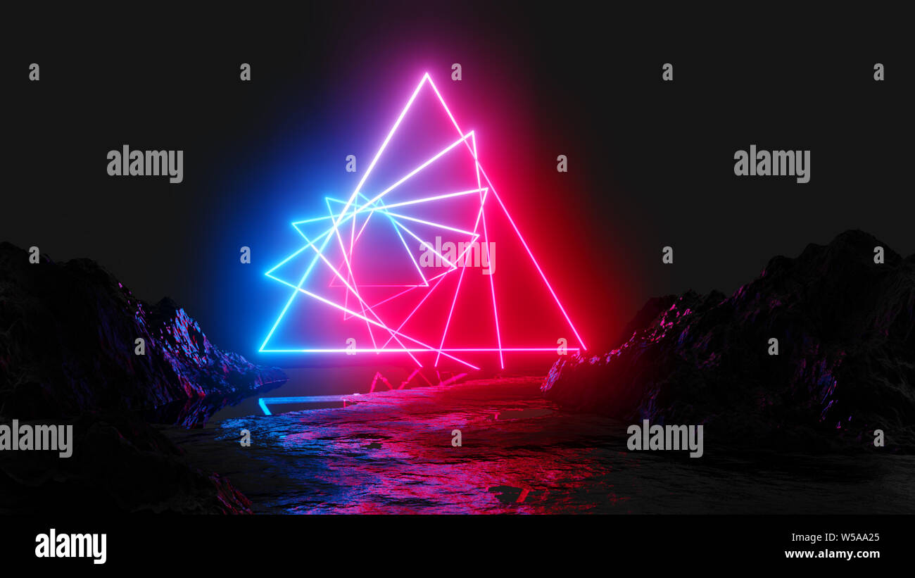 Glowing neon triangles on dark background. 3D illustration. Pink and ...