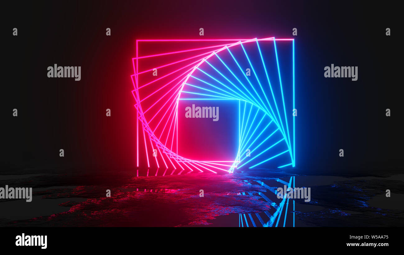 Glowing neon rectangles on dark background. 3D illustration. Pink and ...