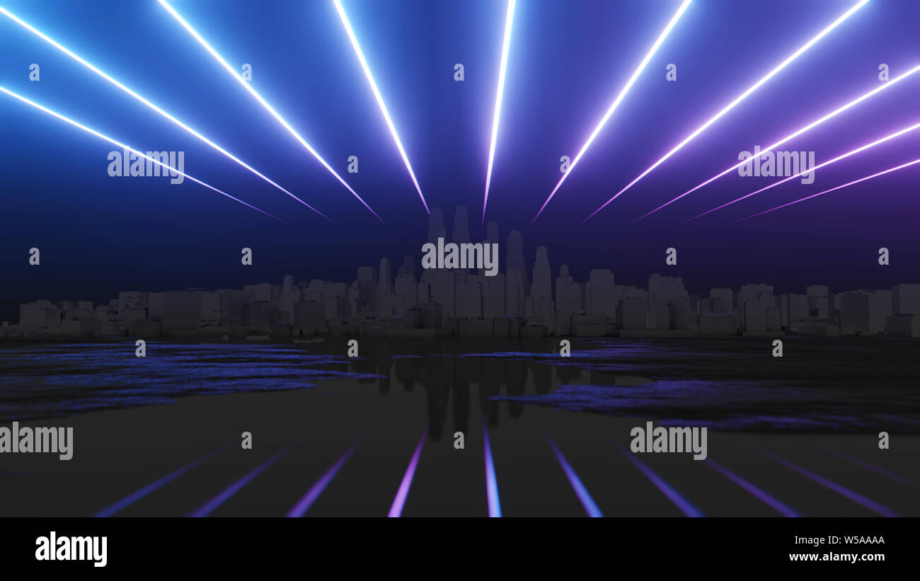 Abstract night city 3D illustration with neon glow Stock Photo - Alamy