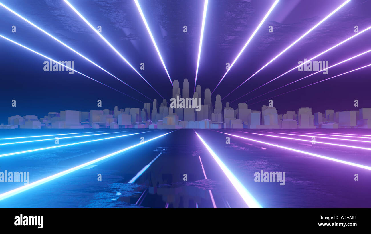 Abstract night city 3D illustration with neon glow Stock Photo - Alamy
