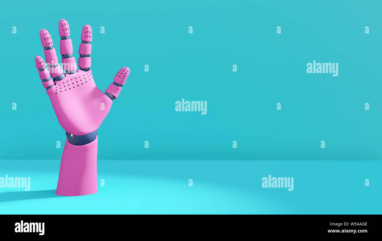 3D illustration, robot hand mannequin body part, pink blue pastel ...
