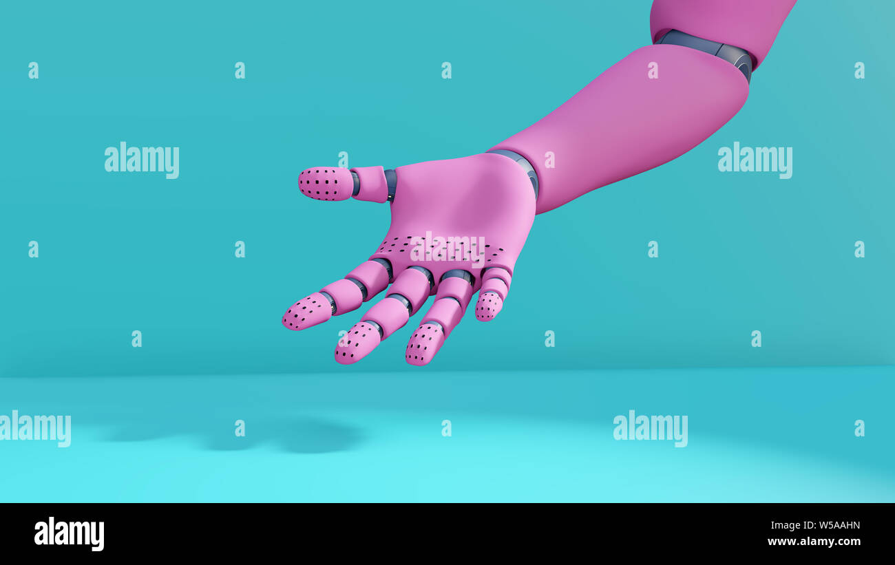 3D illustration, robot hand mannequin body part, pink blue pastel ...