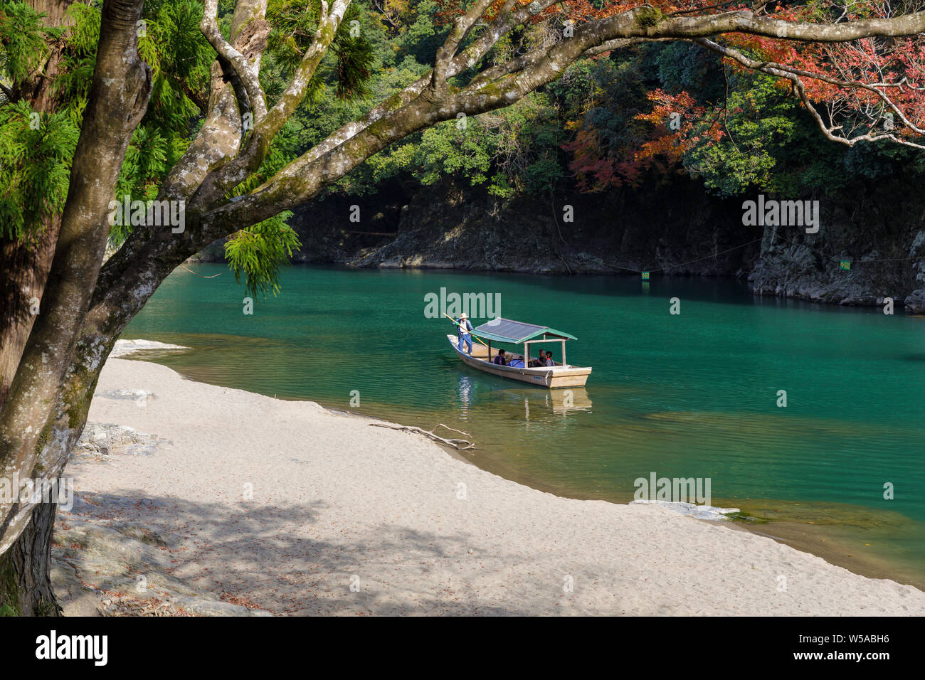 Traditional Japanese boat on the Katsura river, Kyoto, Japan Stock ...