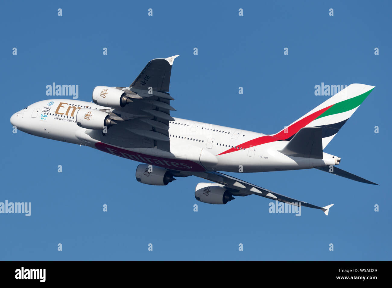 Emirates Airbus A380 four engined large passenger aircraft taking off ...