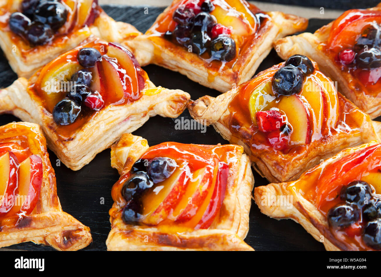 Fruit pastries on a stall at farmers' market, Helensburgh, Argyll ...