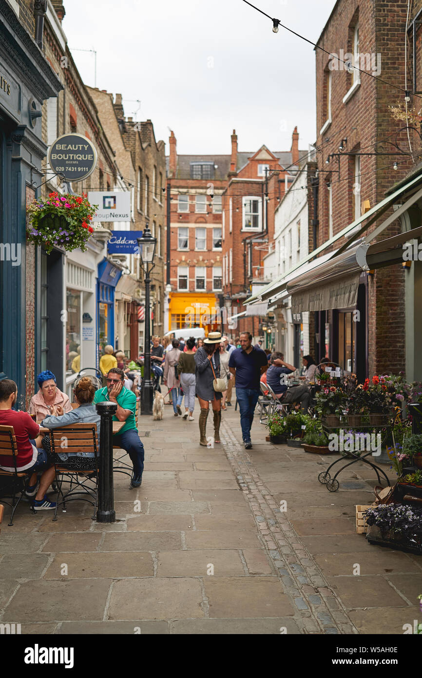 London, UK - July, 2019. Flask Walk, a characteristic pedestrian street ...