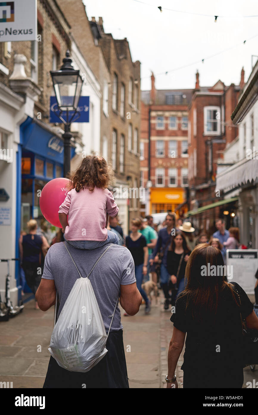 London, UK - July, 2019. Flask Walk, a characteristic pedestrian street ...