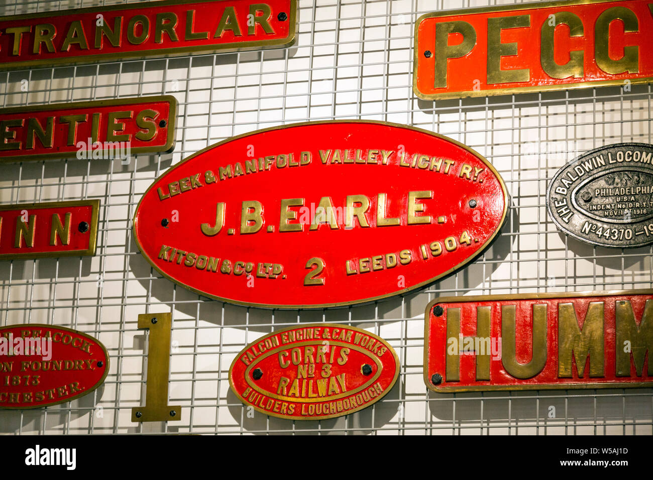 A display of steam engine nameplates in the Narrow Gauge Railway Museum ...