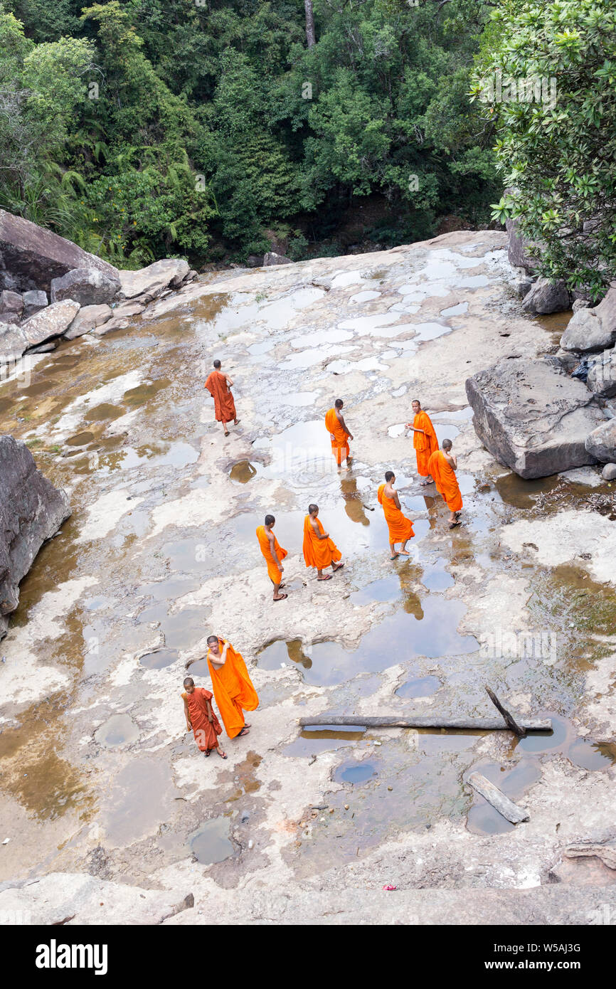 Popokvil Waterfall, Kep, Cambodia - April 27, 2014: Monk visiting Kep ...