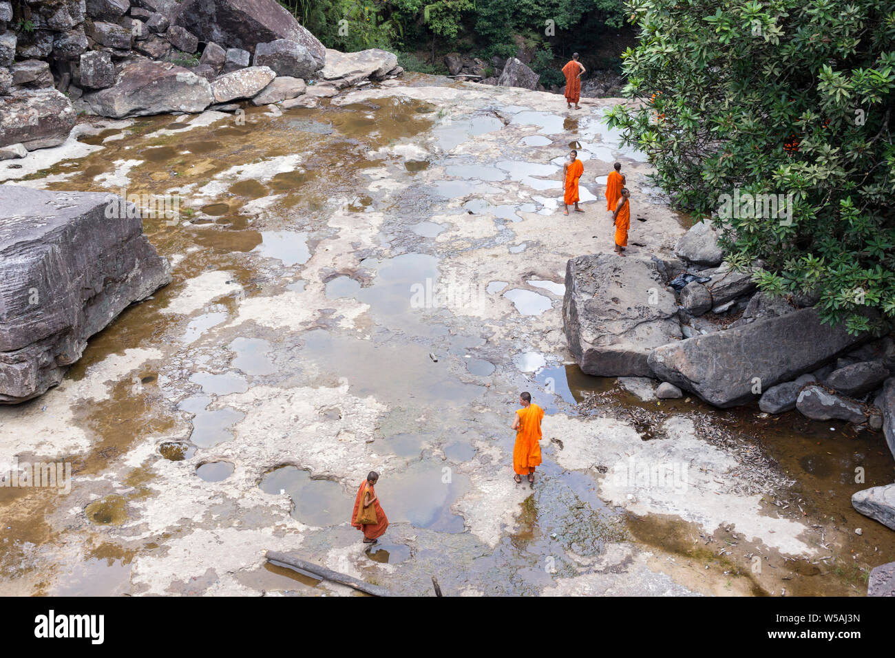 Popokvil Waterfall, Kep, Cambodia - April 27, 2014: Monk visiting Kep ...